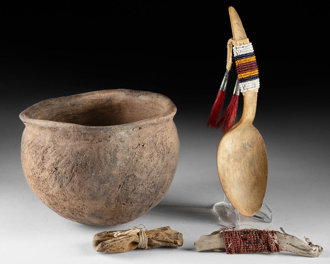 Native American Horn Spoon, Pottery Jar, Pouch & Cuff Auction