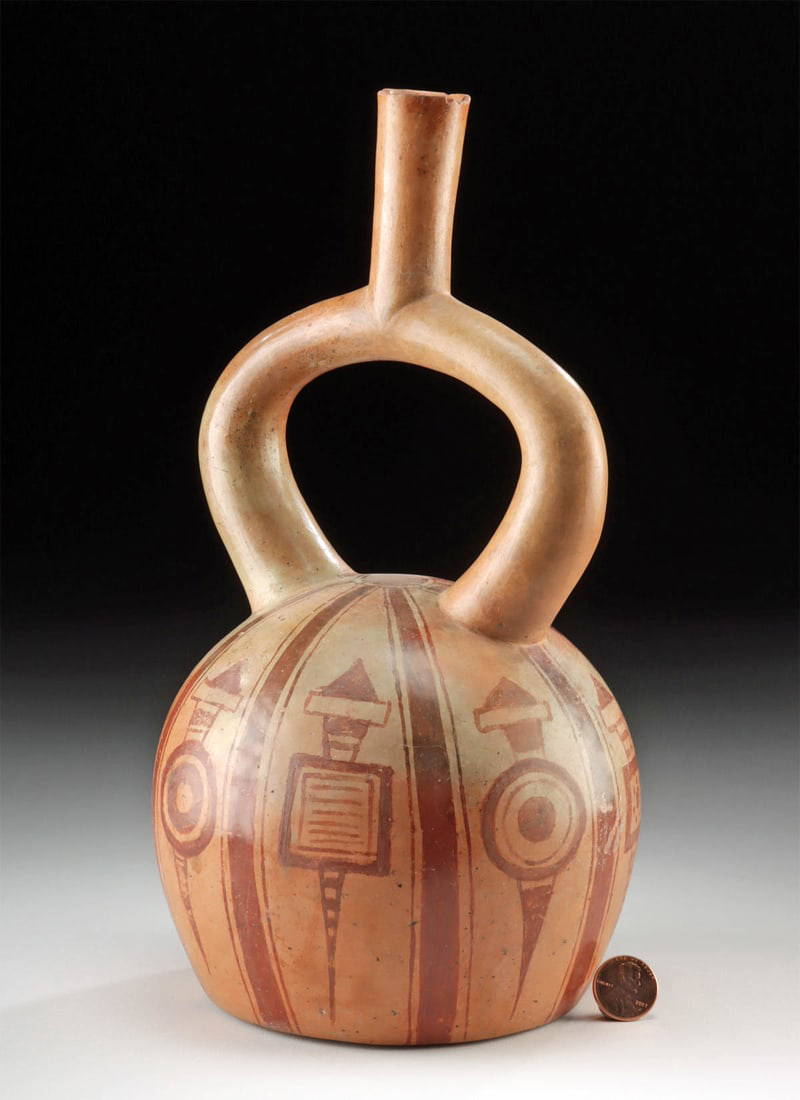 Moche Pottery Stirrup Vessel W/ Weapons Auction