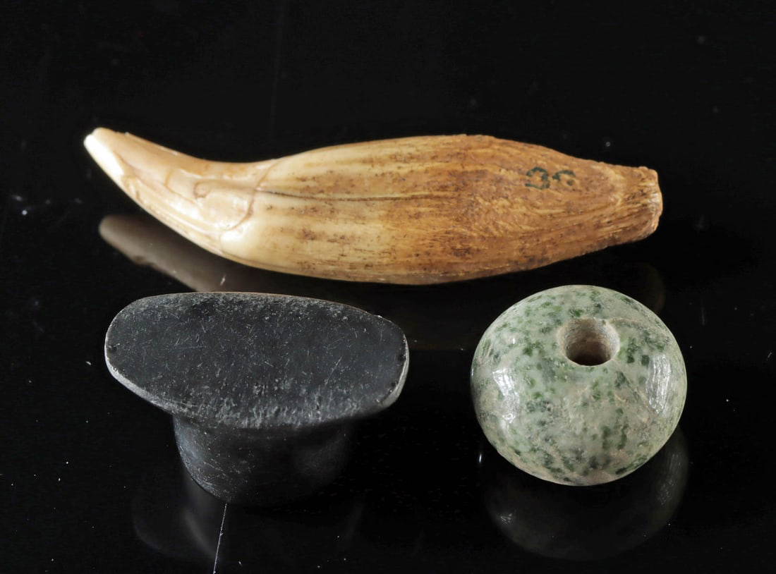 Olmec / Aztec Obsidian Labret, Greenstone Bead, & Tooth Auction