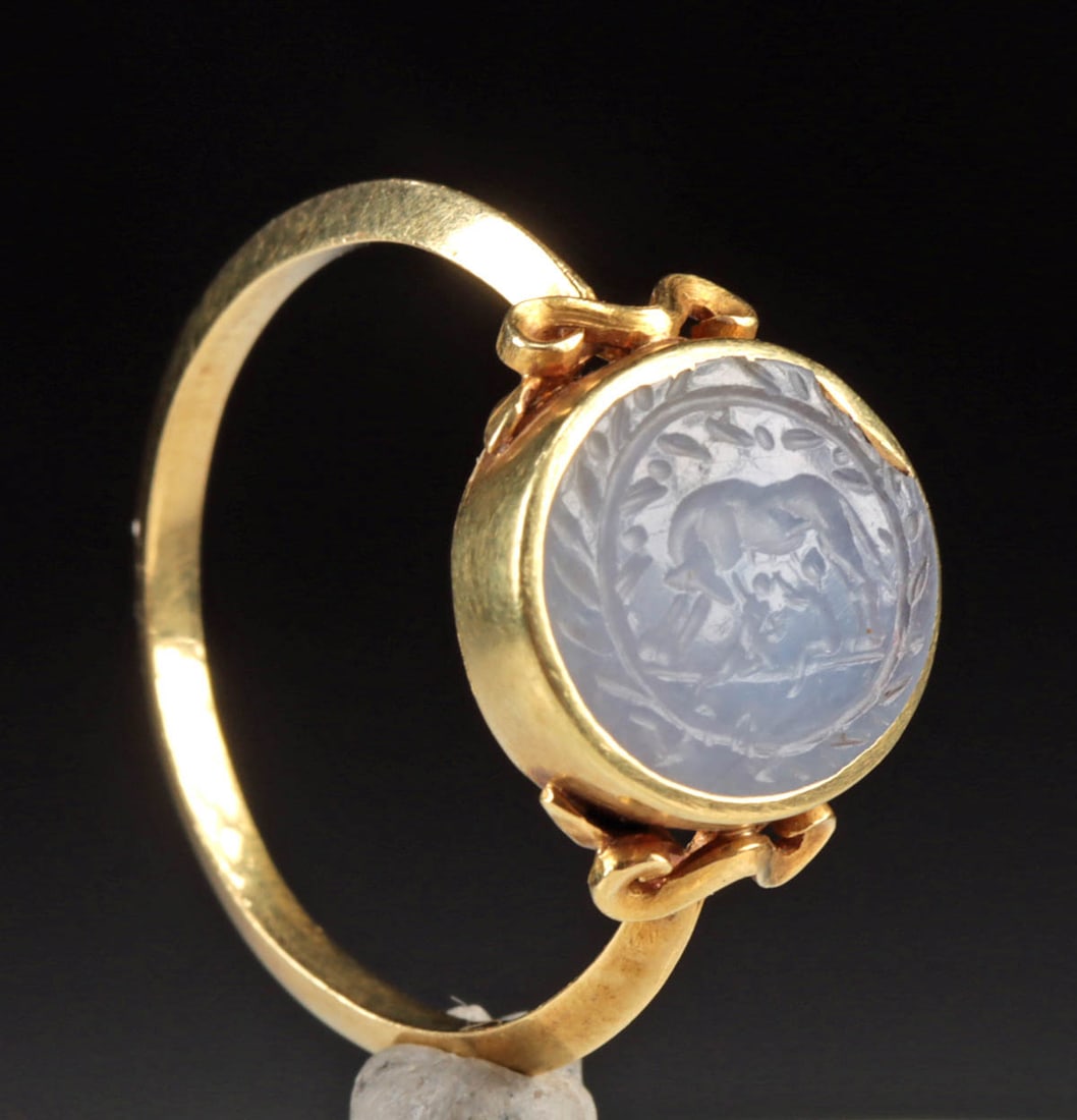 Roman Chalcedony Intaglio Romulus & Remus (in Gold Ring) Auction