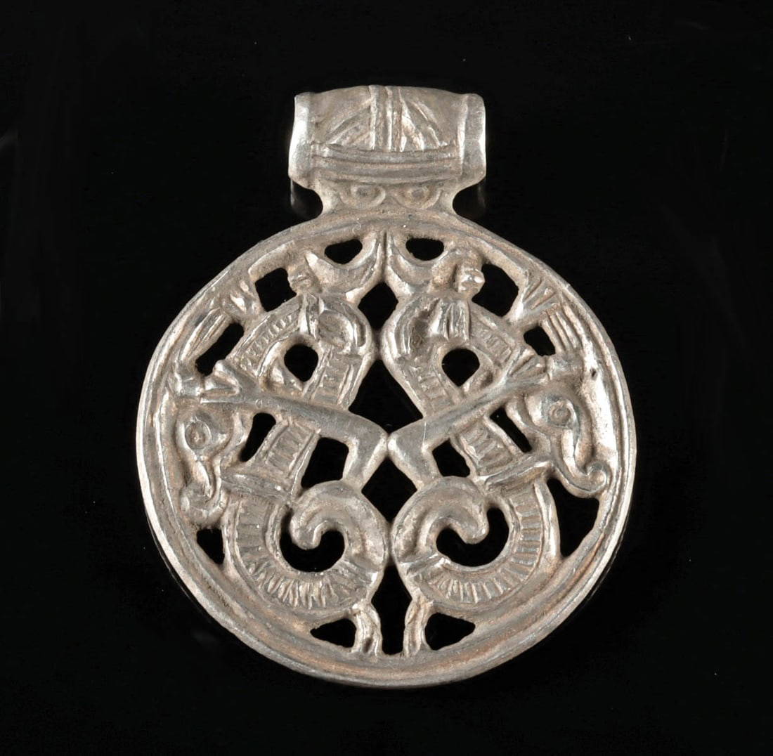 9th C. Viking Silver Jellinge Style Pendant, Intertwining Beasts Auction