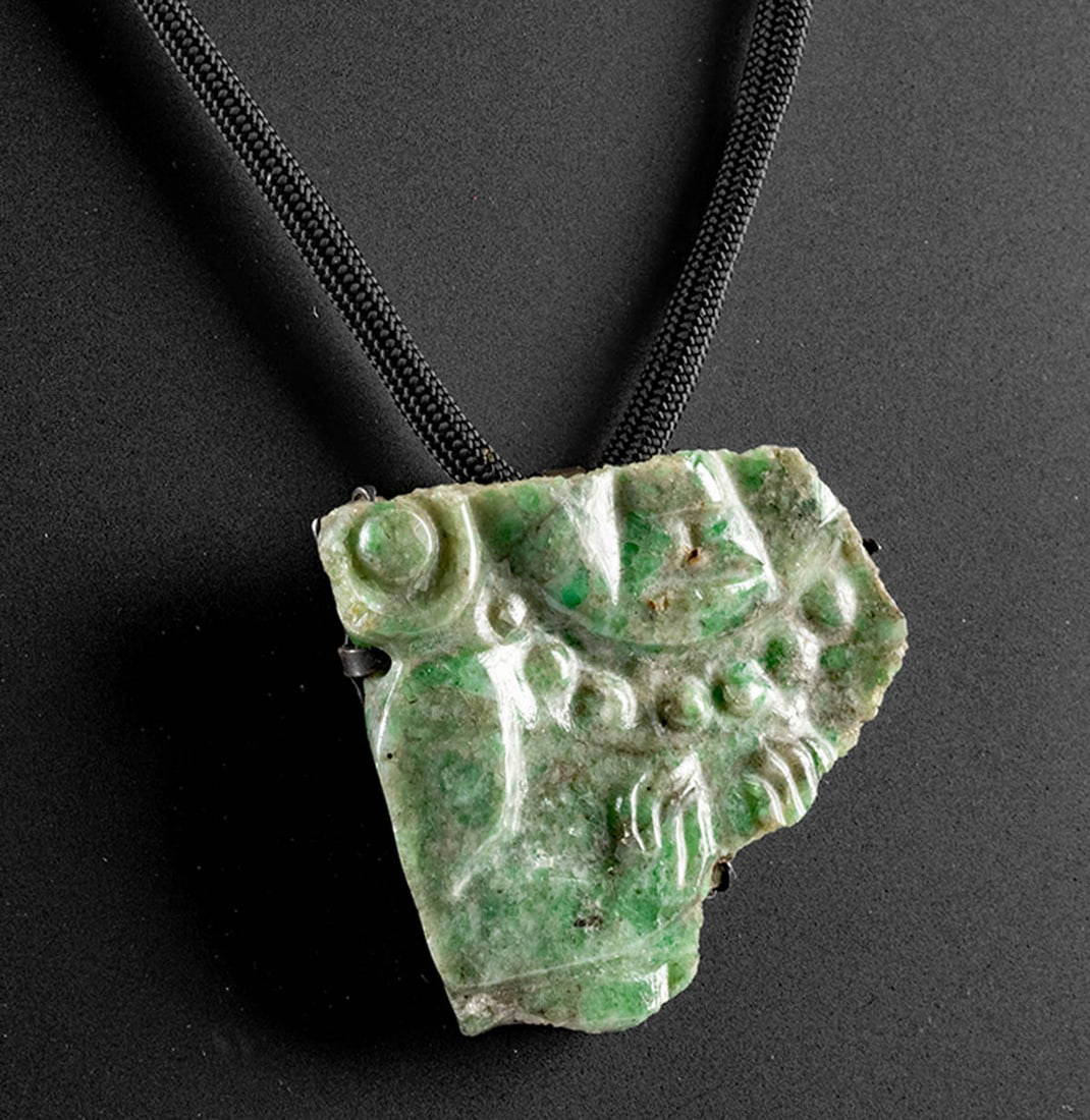Maya Carved Jade Pendant Lord / Deity, Silver Bezel Auction