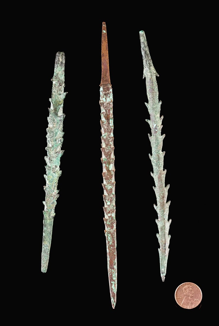 3 Ancient Indian Copper Hoard Barbed Spear Heads Auction