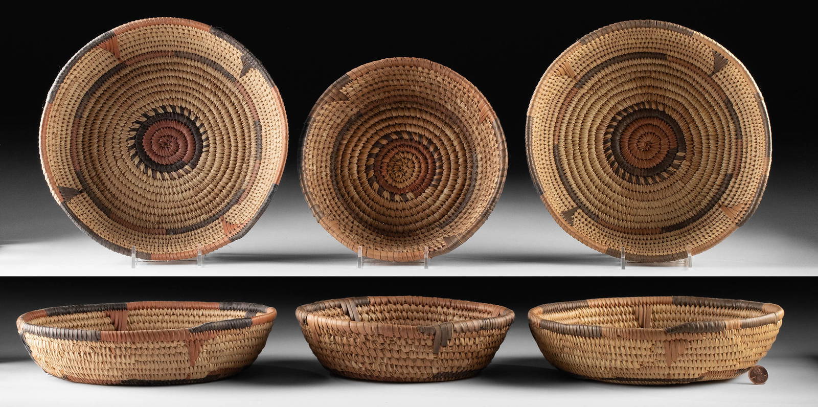 3 African Hausa Hand Coiled Grass Baskets Auction
