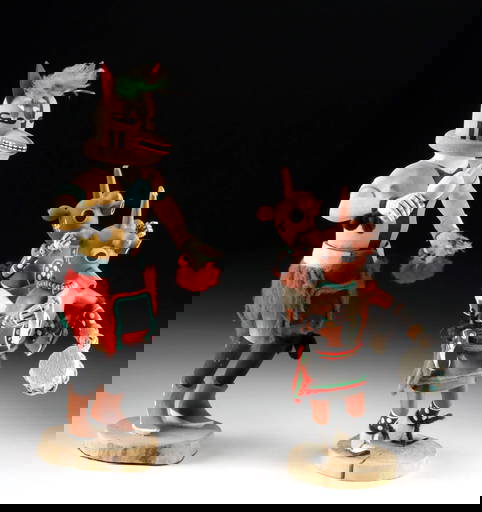 Two Hopi Wood Kachina Sculptures Mudheads & Fox