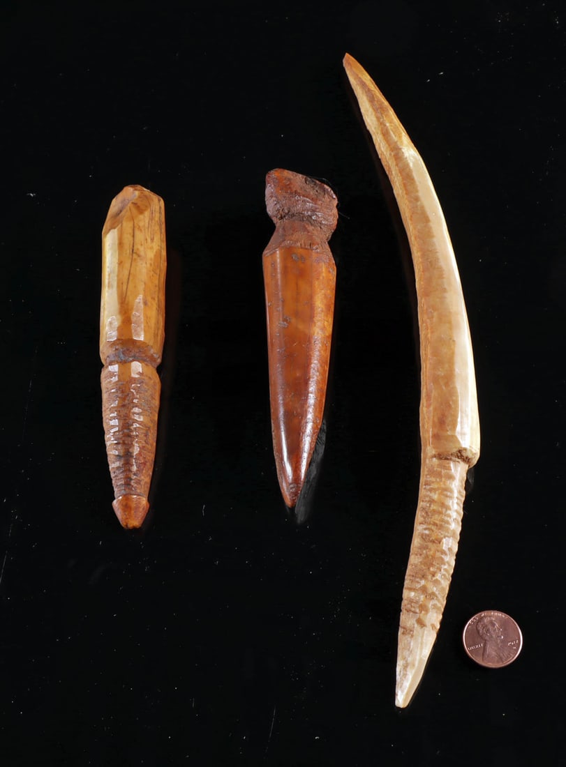 Three Inuit Walrus Ivory Tools Ice Picks & Awl