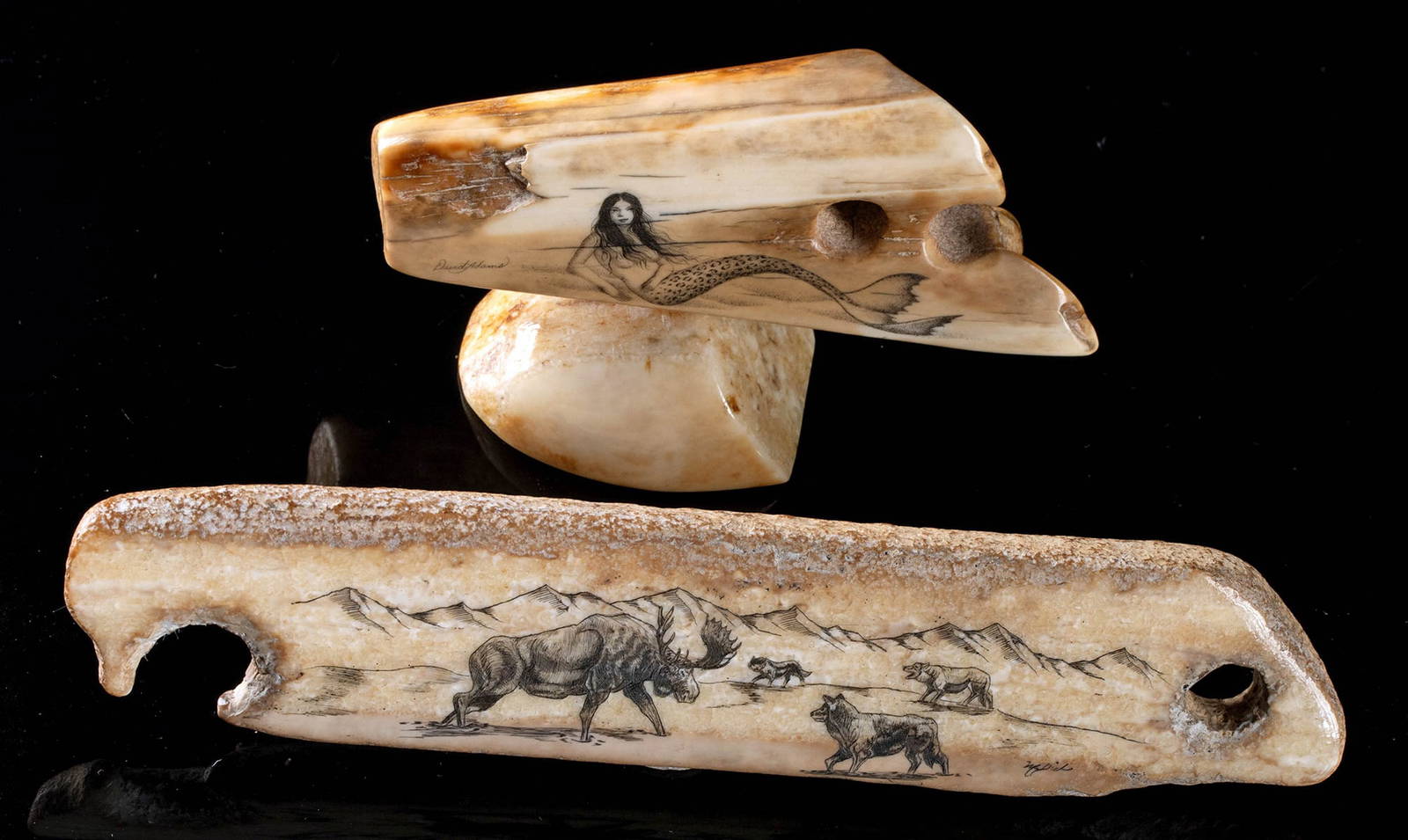 2 Scrimshaw Walrus Ivory: Moose, Mermaid By David Adams Auction