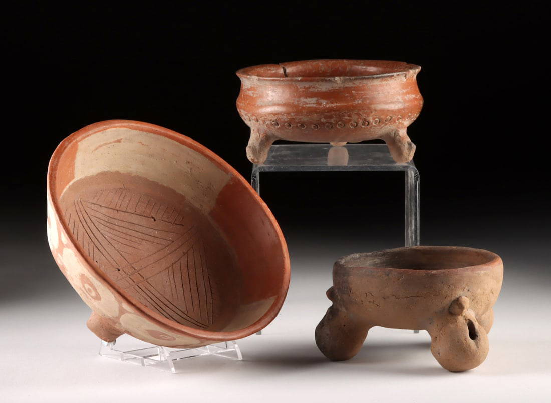 Three Ancient Colima Pottery Tripod Vessels Auction