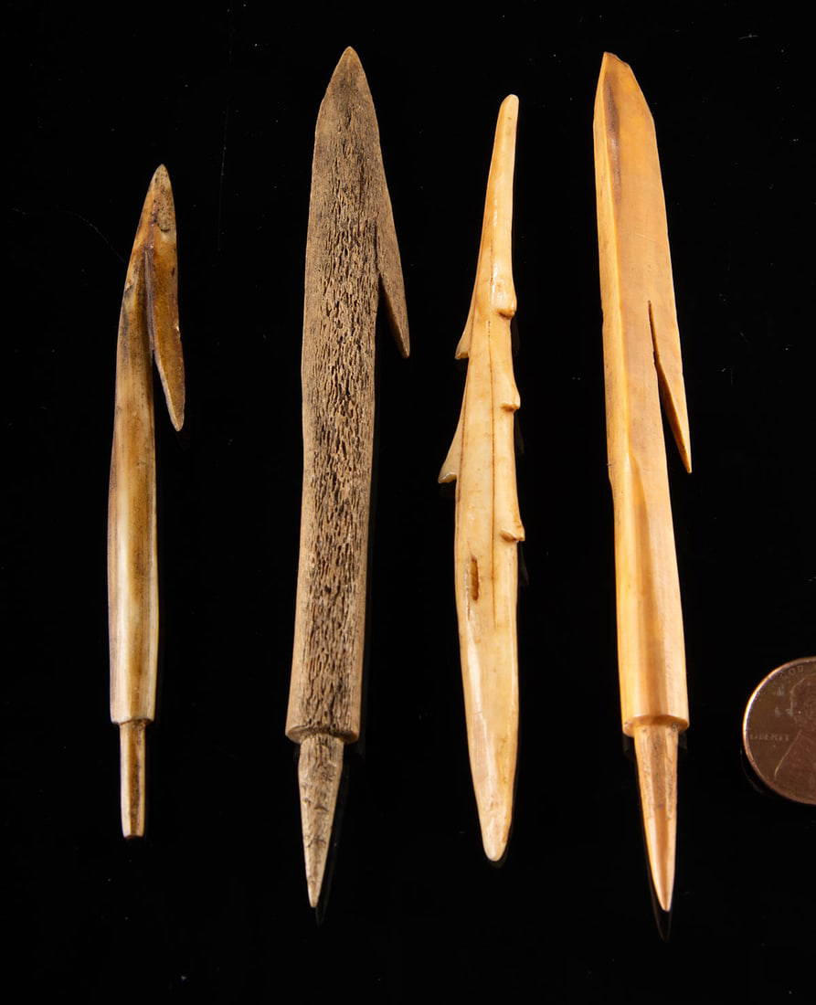 Four Alaskan Inuit Bone & Walrus Ivory Harpoon Tips Auction