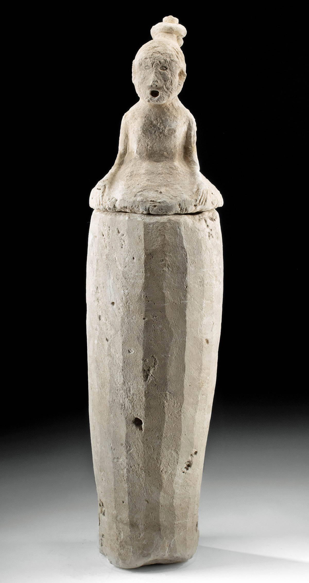 Tall 6th C. Filipino Limestone Burial Urn Figural Lid Auction