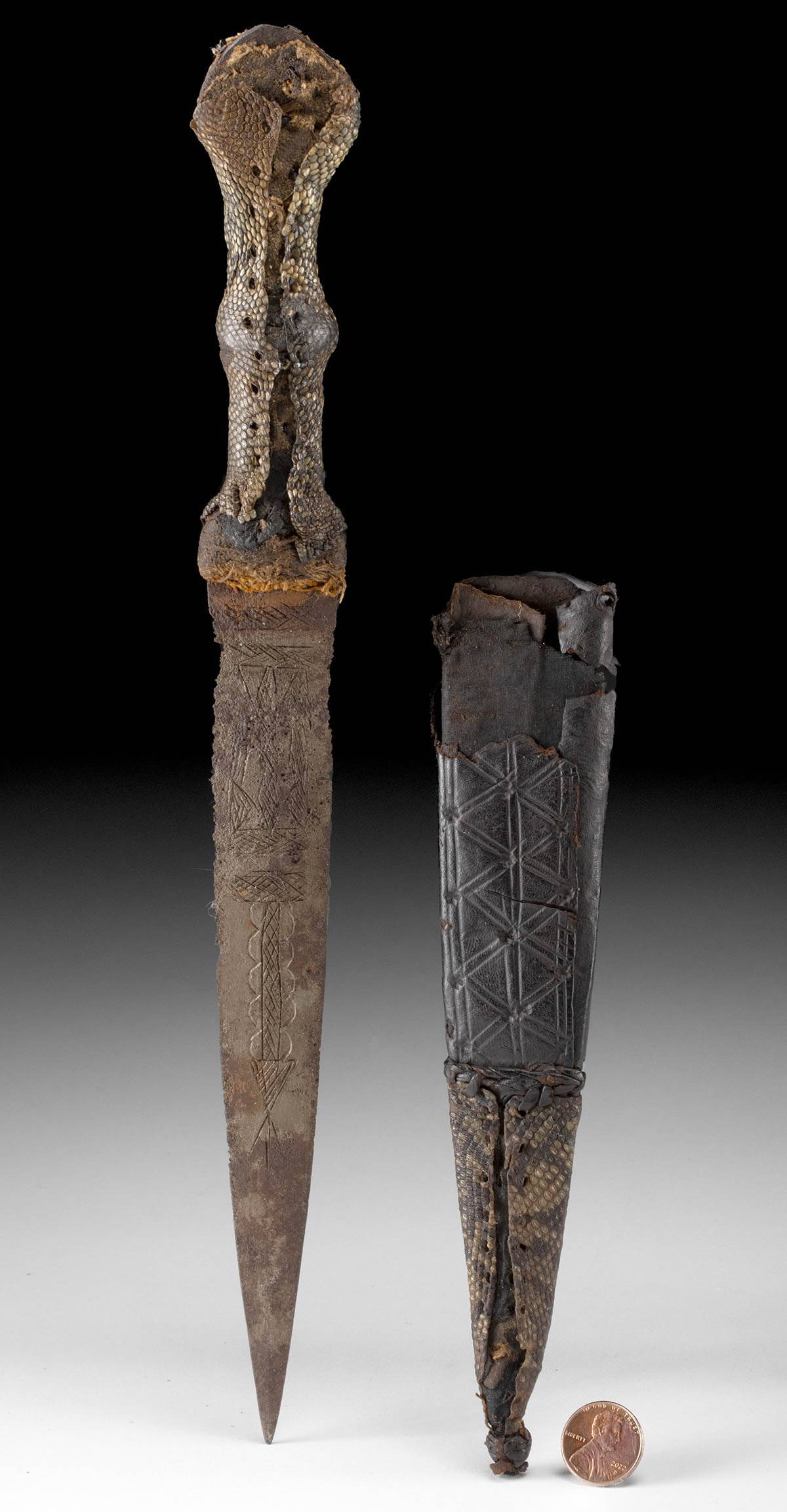 19th C. African Sudanese Dagger W/ Lizard Skin Sheath Auction
