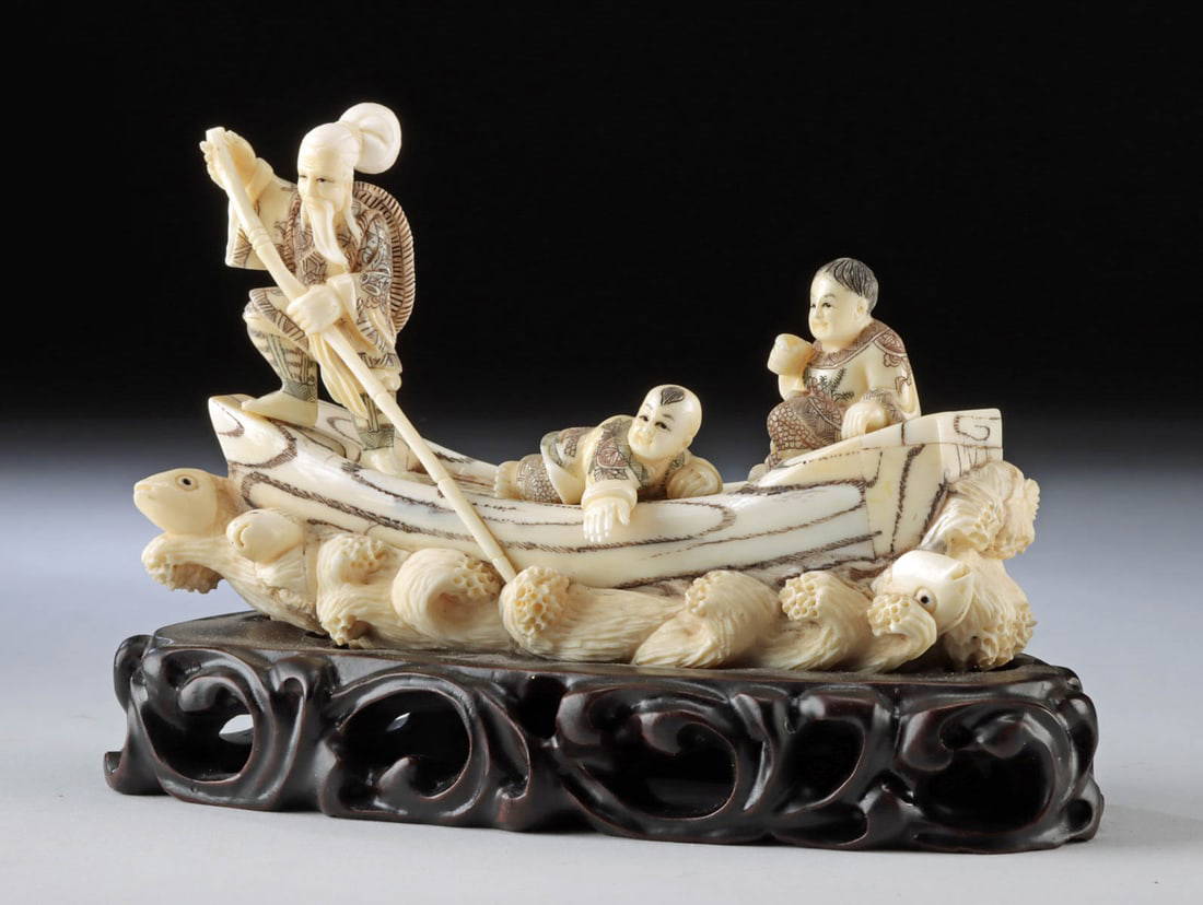 Buy Japanese Hippo Ivory Okimono Of Sage And Karako In A Sampan ...