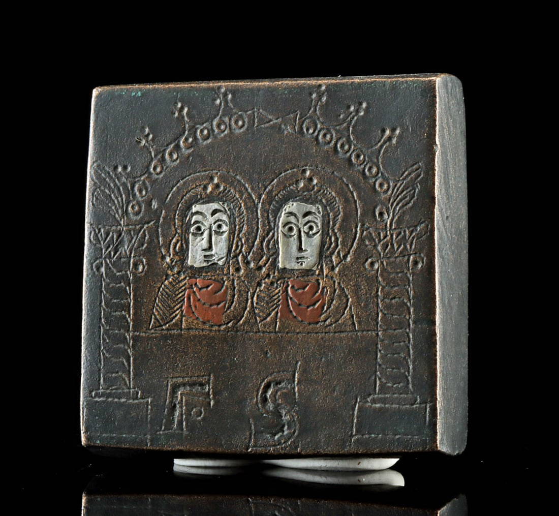 Byzantine Silver Inlaid Copper Weight, Mary & Christ Auction
