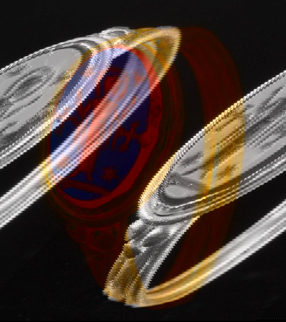 Byzantine Gold & Glass Intaglio Ring W/ Saint Orans Auction