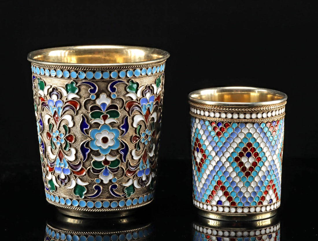 Two Antique Russian Gilt Silver & Silver Enamel Beakers Auction