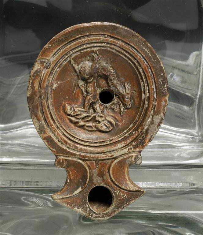 A Roman Redware Oil Lamp - Eros and Goat