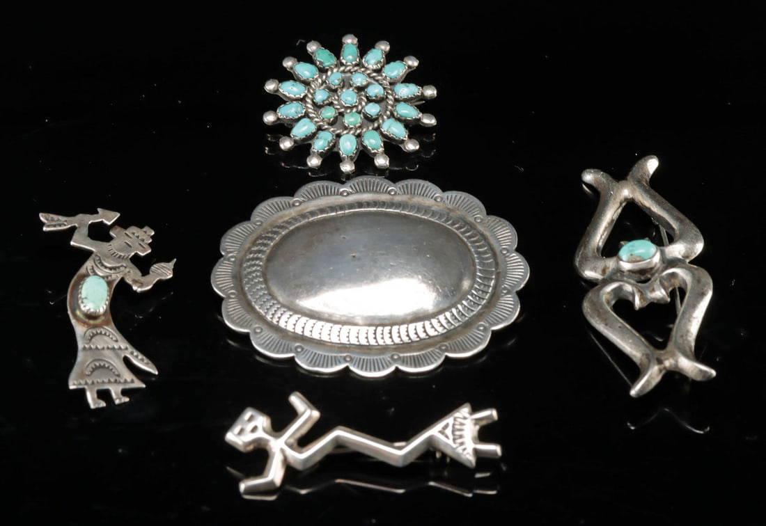 Five Navajo / Zuni Sterling Silver & Turquoise Brooches Auction