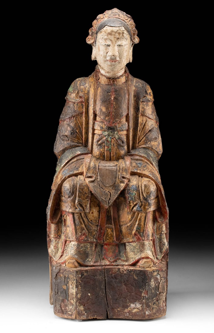 Chinese Ming Wooden Sculpture Of Taoist Attendant Auction
