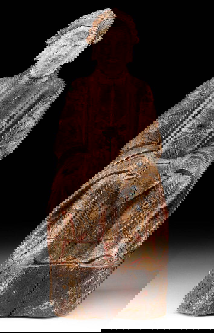 Chinese Ming Wooden Sculpture Of Taoist Attendant Auction