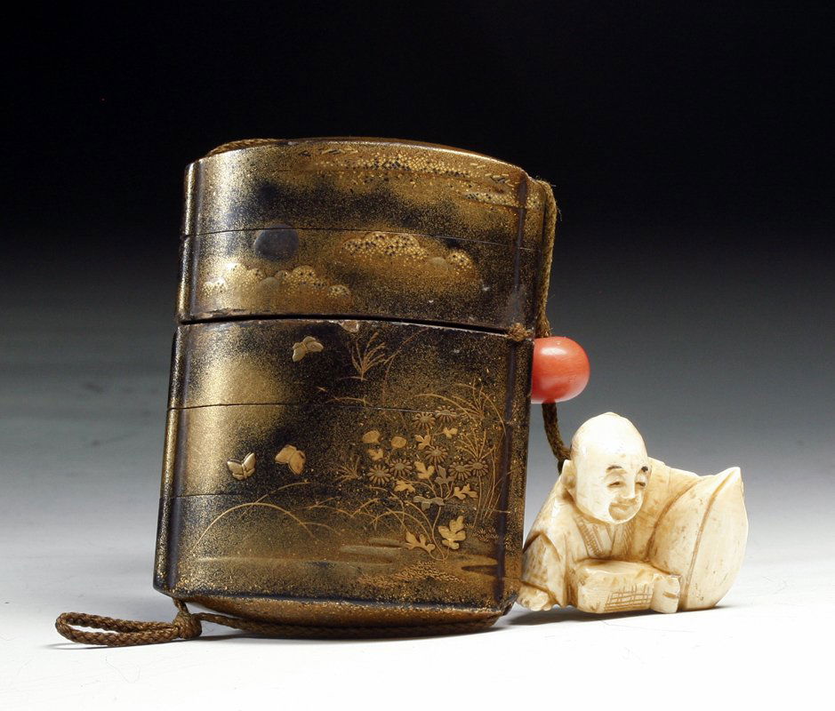 Antique Japanese Inro With Bone Netsuke