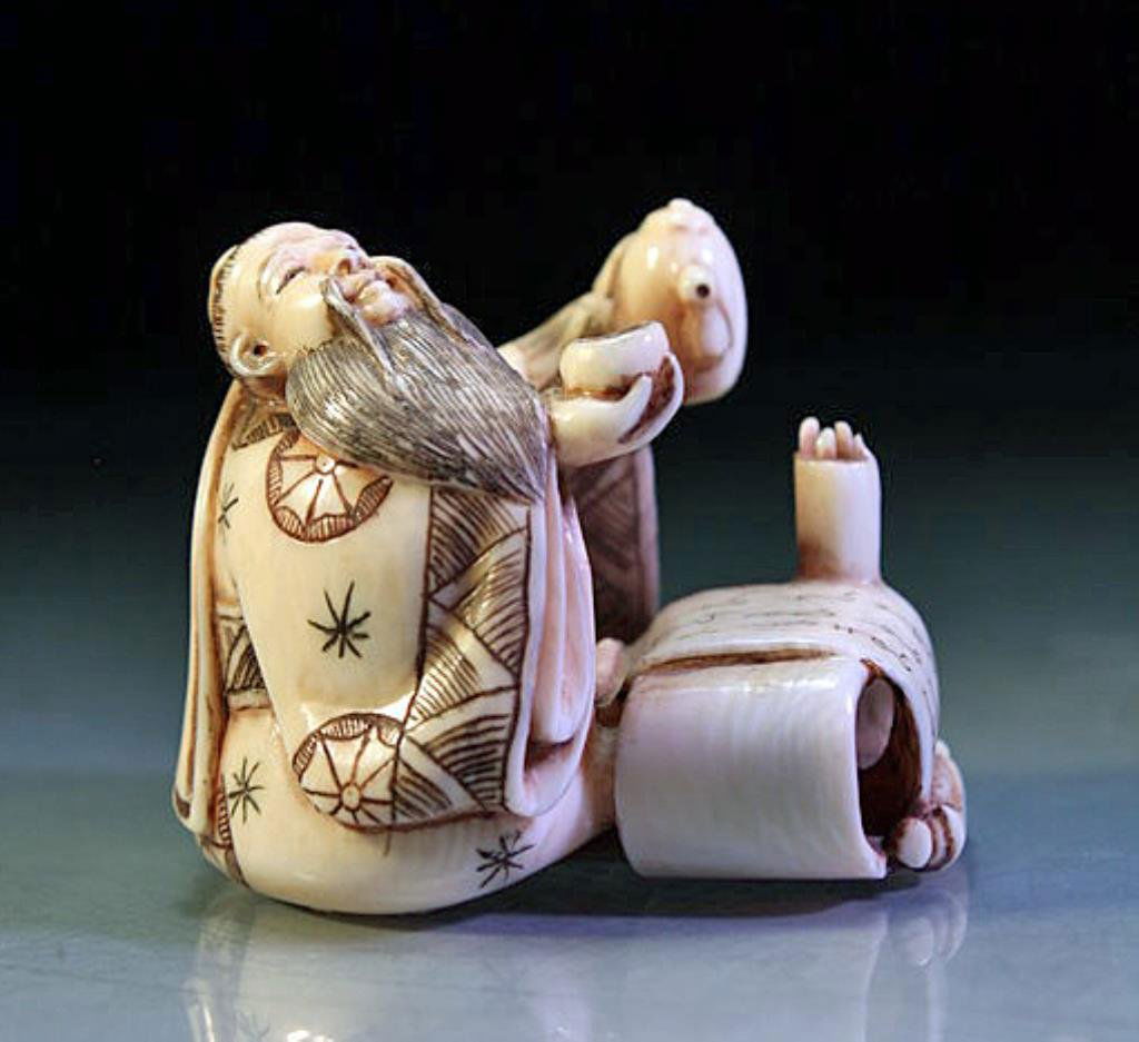 Japanese Carved Ivory Figural Netsuke, Scholar, Signed - May 17, 2013 ...