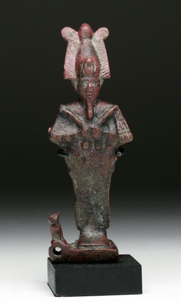 Egyptian Bronze Osiris w/ Cat, Isis on Reverse