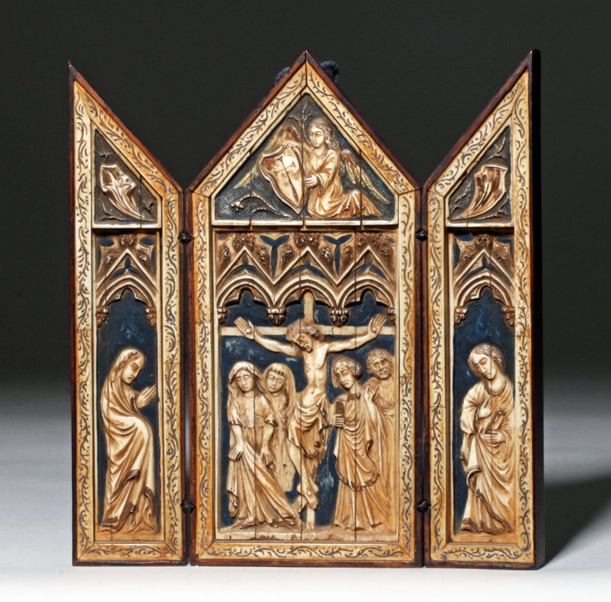 17th C. European Wood, Ivory, Bone Triptych - Crucifix