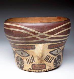 Superb Nazca Pottery Kero Trophy Head W/ Corn Stalks
