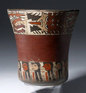 Large Nazca Kero With Severed Trophy Heads