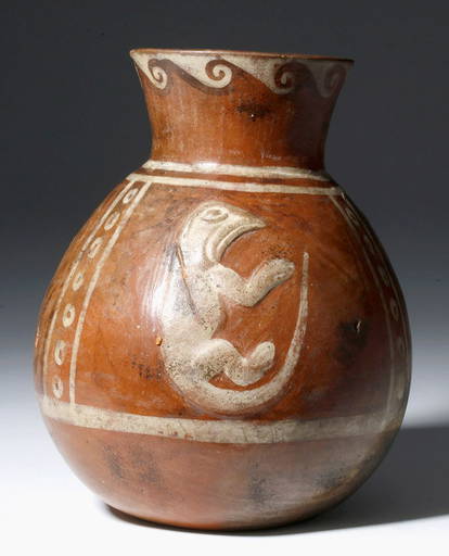 Moche Bichrome Pottery Jar With Lizards