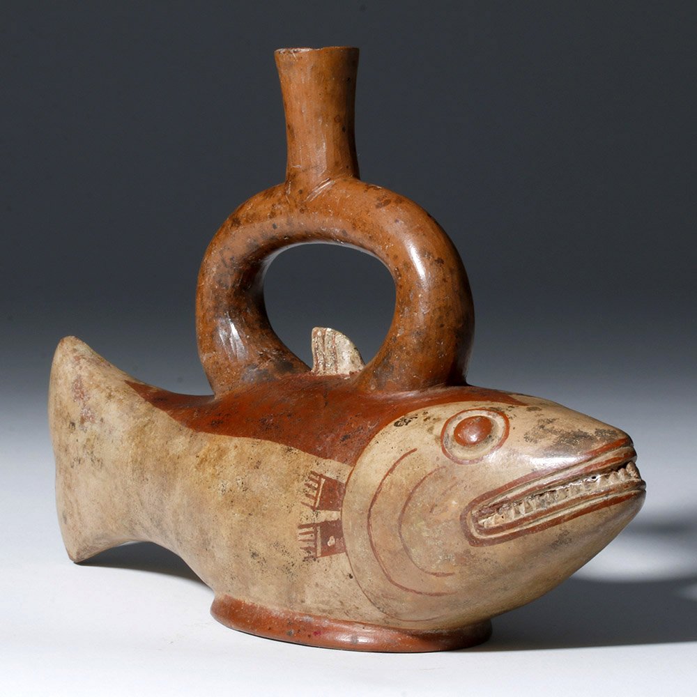 Moche Iii Iv Bichrome Effigy Stirrup Vessel Fish Form