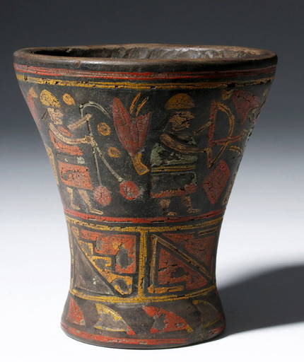 Very Fine Inca Painted Wooden Kero Hunting Scene