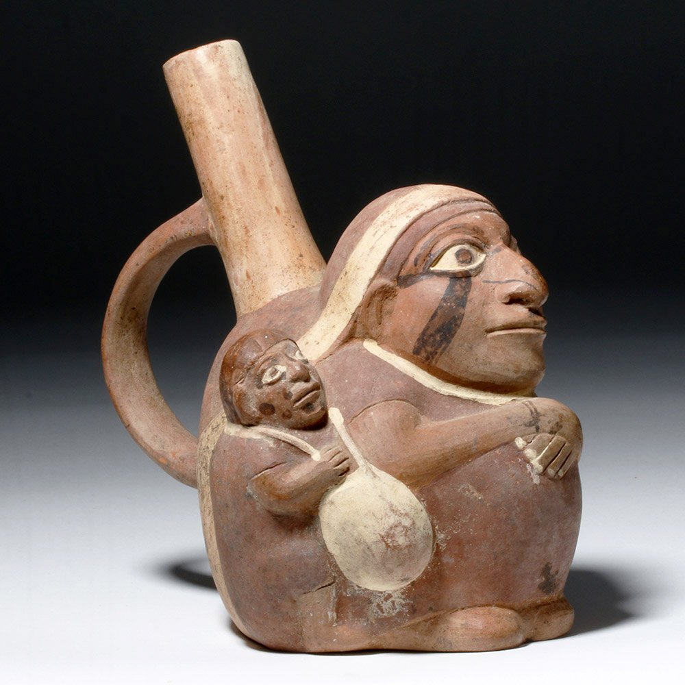 Fine Moche Polychrome Stirrup Jar Maternal Scene
