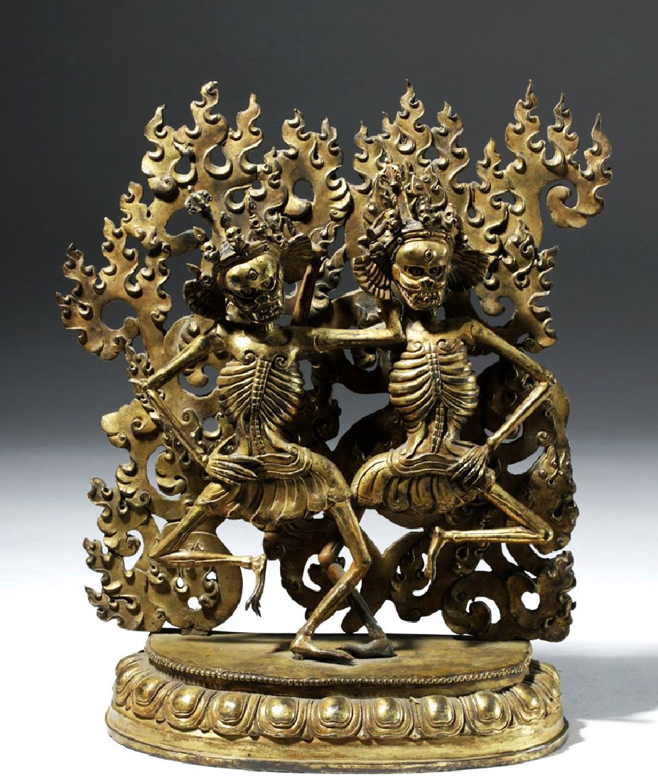 19th C Tibetan Gilded Bronze Dancing Citipati Skeletons