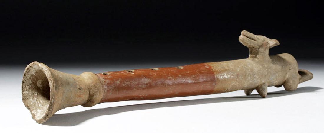 Rare Aztec Polychrome Pottery Flute W/ Coyote