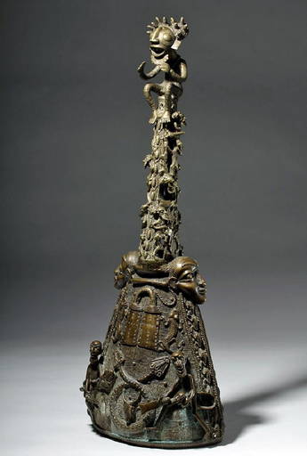 Huge / Detailed African Benin Brass Bell W/ Anansi