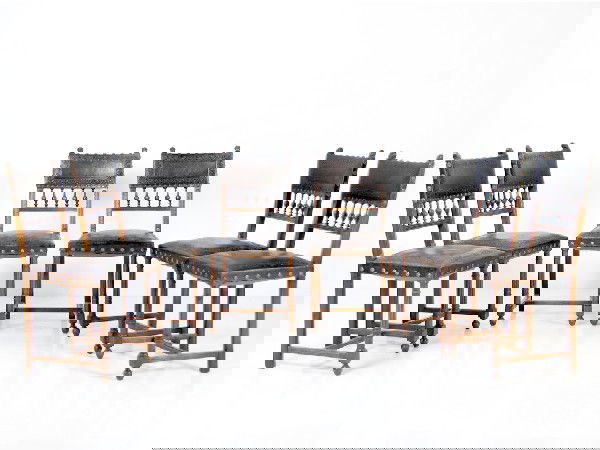 208: Six Walnut Henry II Chairs with Tooled Leather Bac