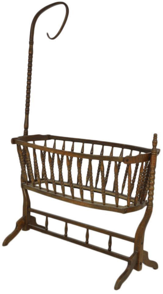 192: ANTIQUE ROCKING BASSINET WITH CANOPY HOOK IN WALNU
