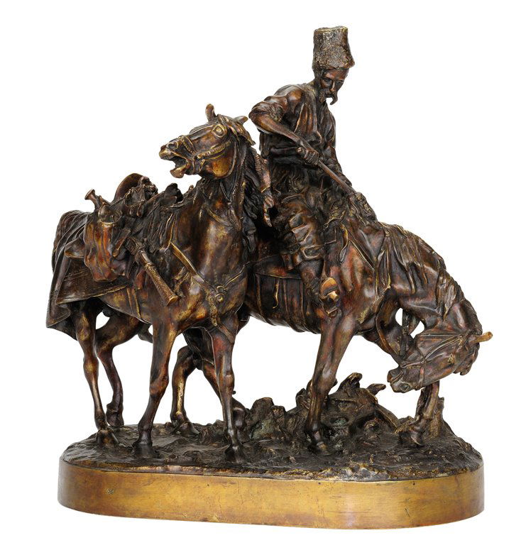 A PATINATED RUSSIAN THEMED BRONZE FIGURAL GROUP Early 2