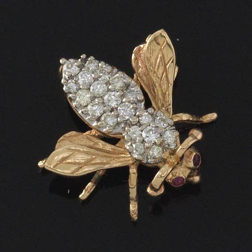 Ladies' Vintage Gold, Diamond And Ruby Bee Pin/brooch