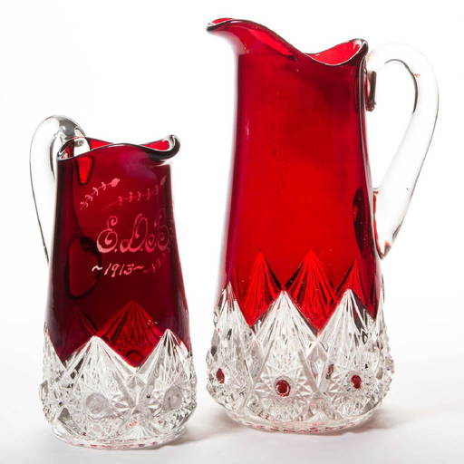Diamond With Peg Ruby Stained Pitchers, Lot Of Two
