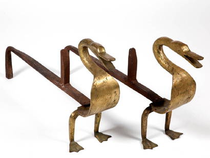 Pair Folk Art Wrought Iron Snake Form Andirons