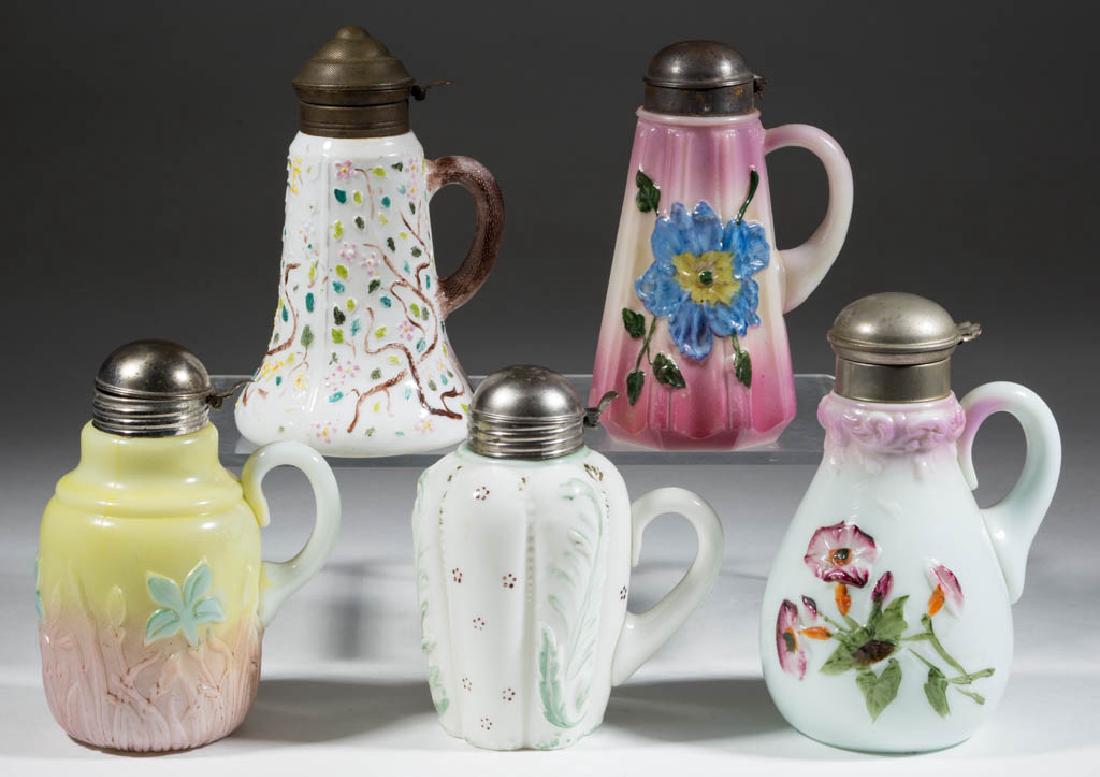 ASSORTED OPAQUE GLASS SYRUP PITCHERS, LOT OF FIVE