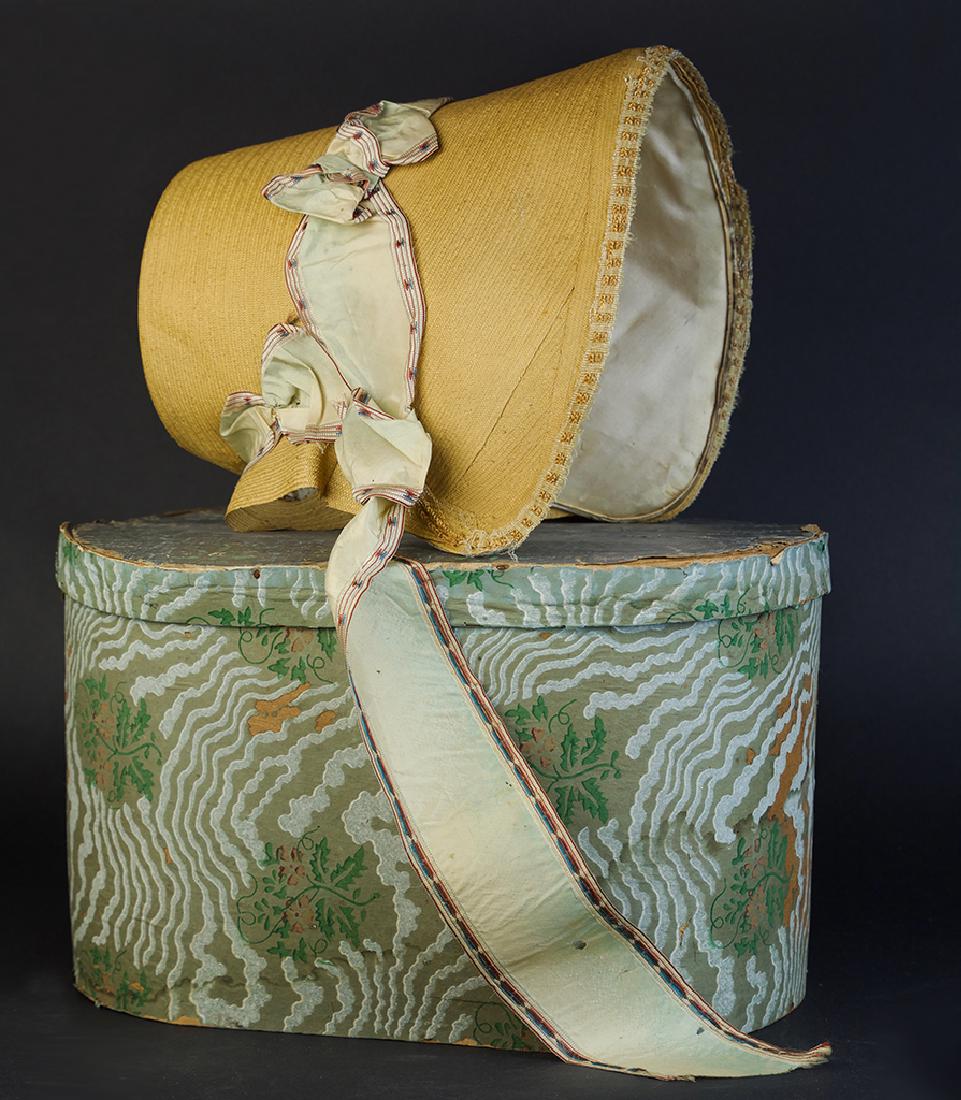 ROMANTIC ERA STRAW POKE BONNET WITH ORIGINAL BANDBOX