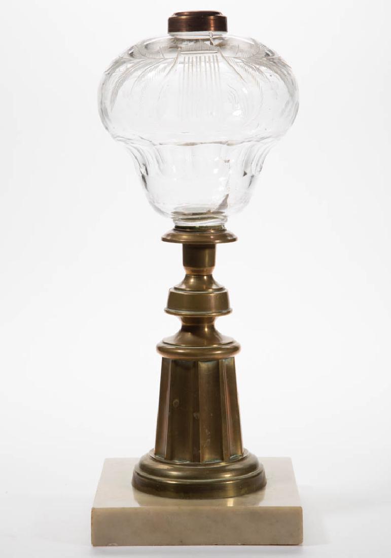 CUT AND ENGRAVED LYRE FONT KEROSENE STAND LAMP