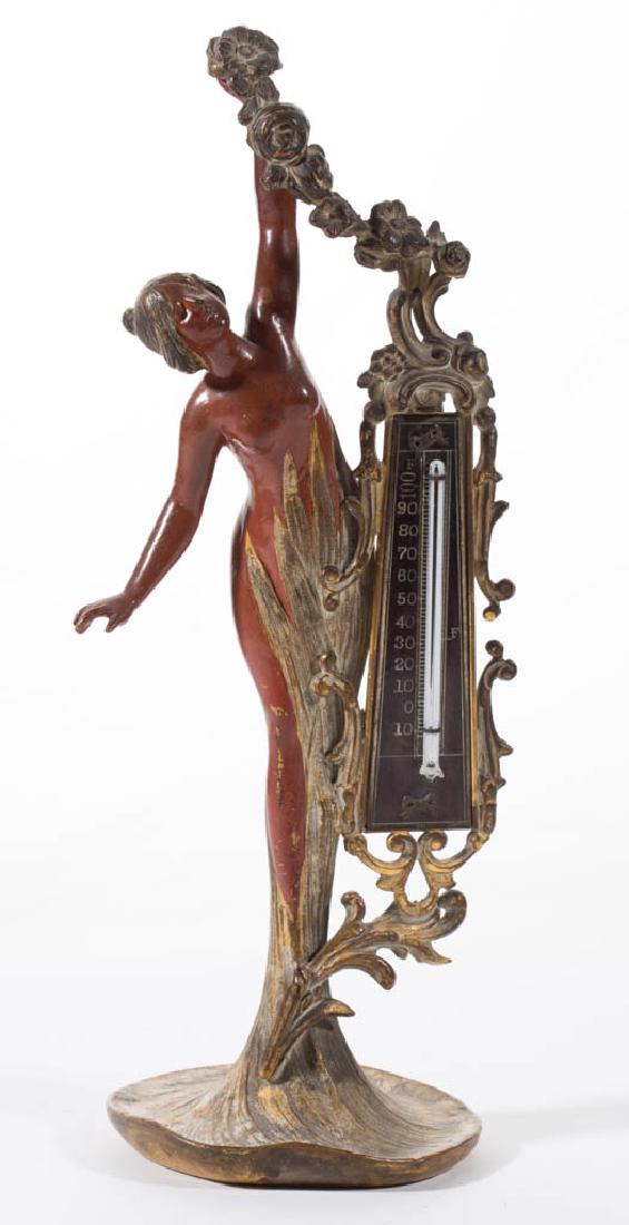 PATINATED BRONZE ART NOUVEAU FIGURAL THERMOMETER