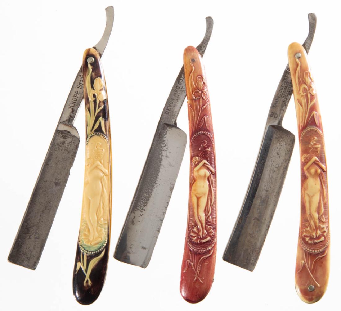 GERMAN FIGURAL CELLULOID-HANDLED STRAIGHT RAZORS, LOT