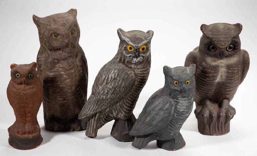 Assorted Paper Mache Owl Decoys, Lot Of Five