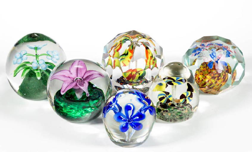 Assorted Floral Glass Paperweights, Lot Of Six