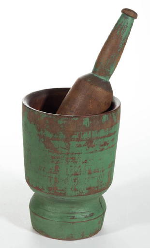 Painted Country Turned Treen Mortar And Pestle